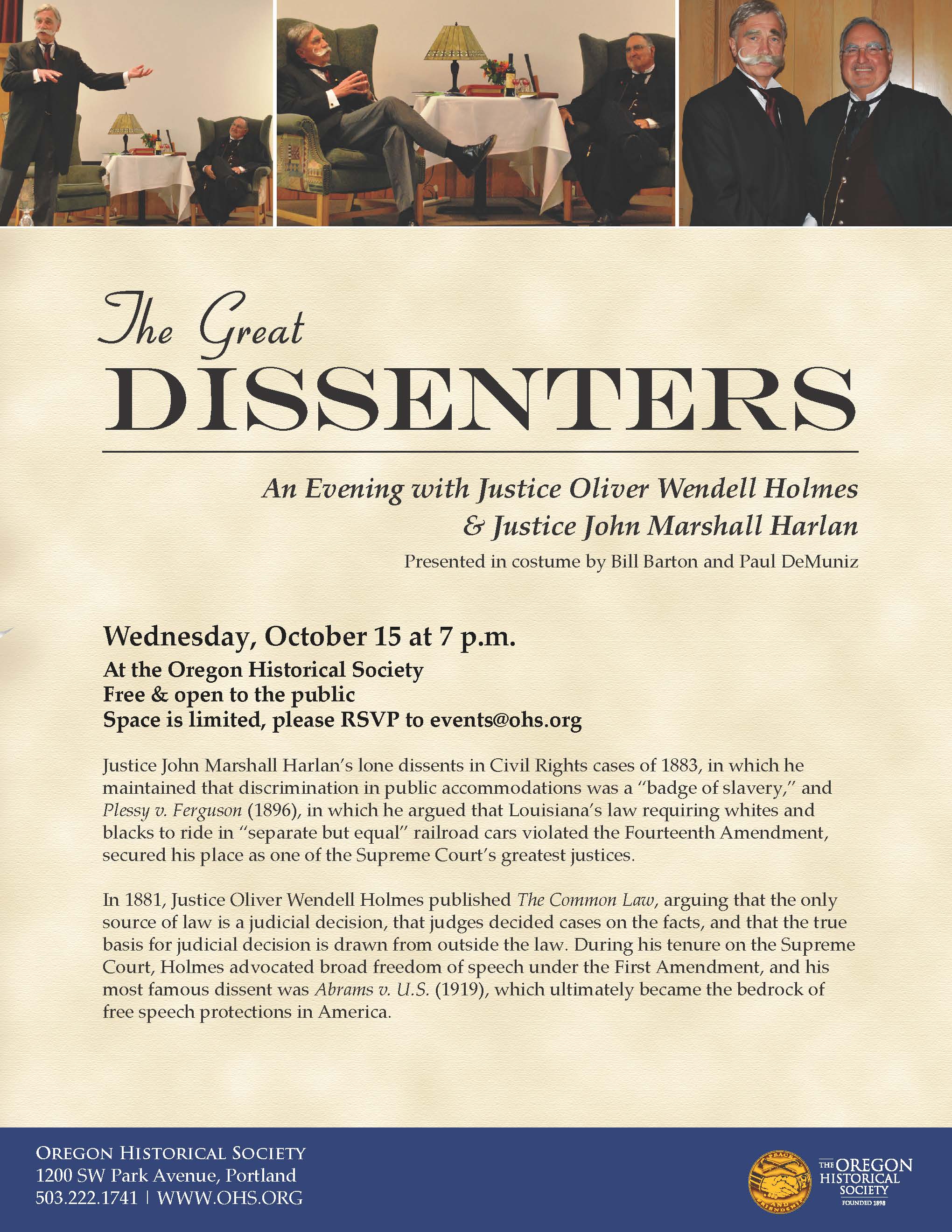 The Great Dissenters: An Evening with Justice Oliver Wendell Holmes ...
